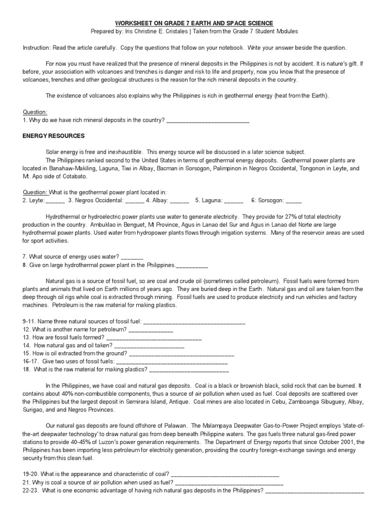 Worksheet Energy Resources | PDF | Fossil Fuels | Petroleum