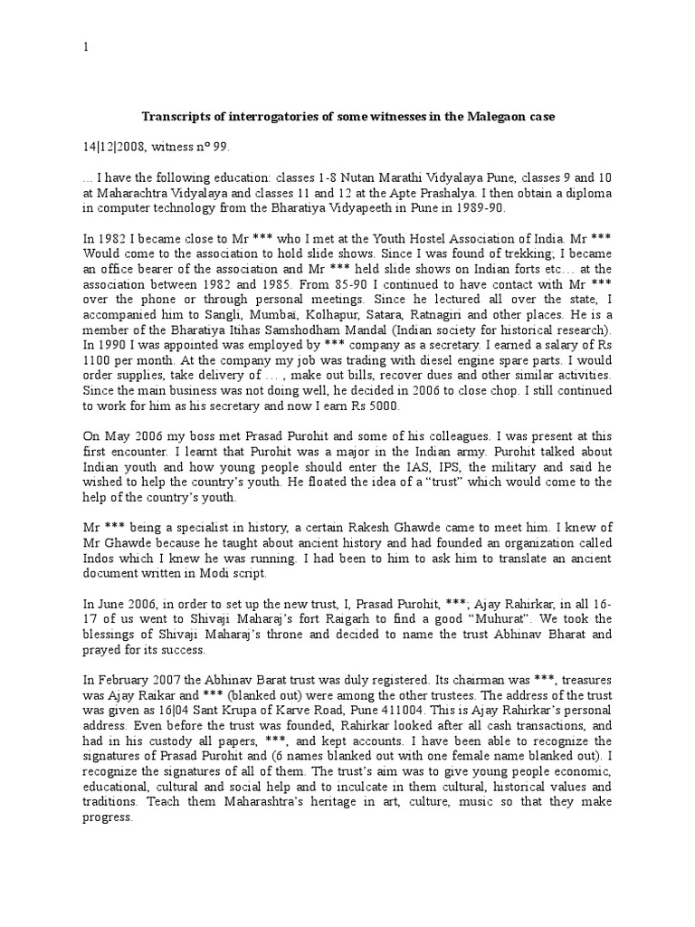 Transcripts of Interrogatories of Some Witnesses in The Malegaon Case ...