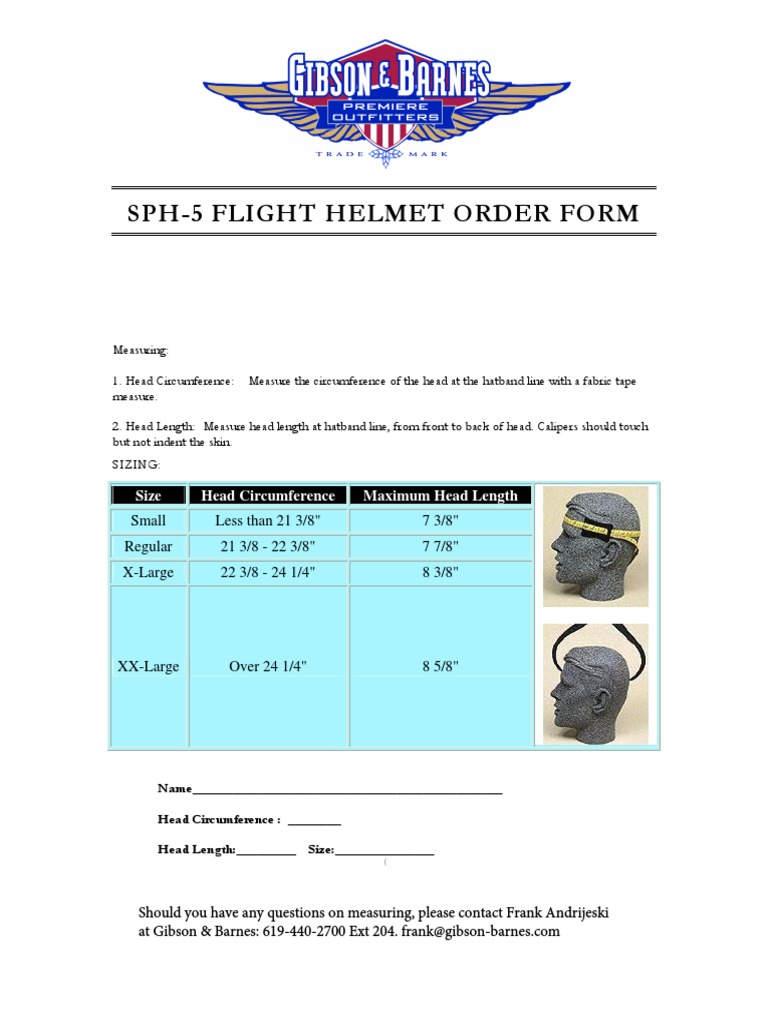 Sph-5 Flight Helmet Order Form: Size Head Circumference Maximum Head ...