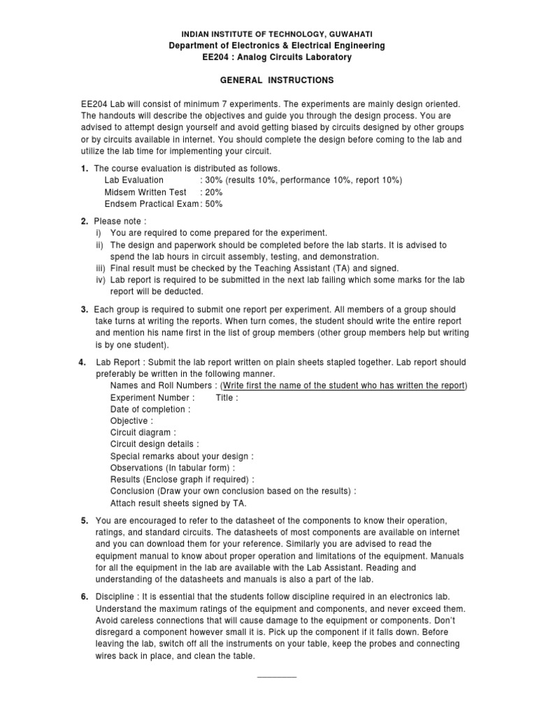 EE204 Analog Circuits Lab Guide | PDF | Design | Experiment