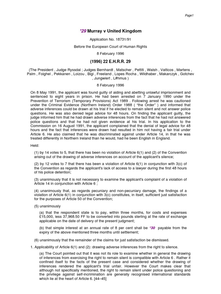 8 Murray V Uk (1996) 22 Ehhr 29 | PDF | Right To Silence | Self ...