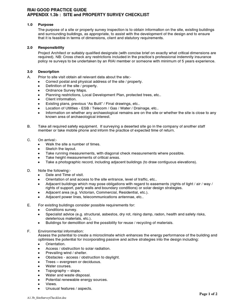 RIAI Site Survey Checklist | PDF | Architect | Surveying