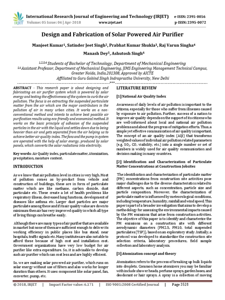 Design and Fabrication of Solar Powered Air Purifier | Download Free ...