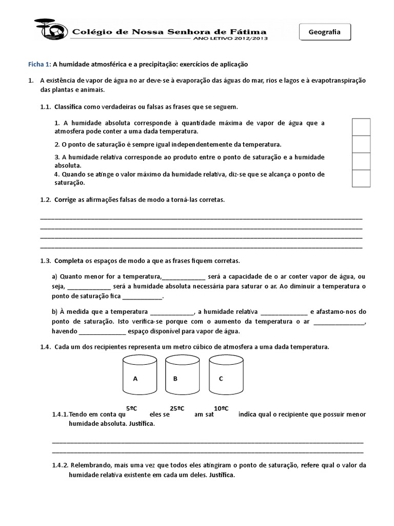 Ficha 1 Humidade e Precipitac3a7c3a3o Sismatizac3a7c3a3o | PDF ...