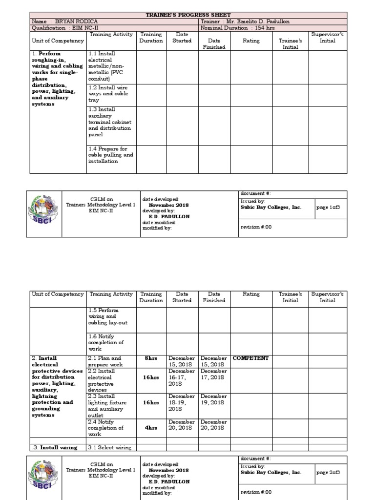 Trainees Progress Sheet | PDF | Electrical Wiring | Power Engineering