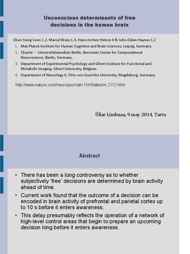 Unconscious Brain Processes in Decision-Making | PDF | Functional ...