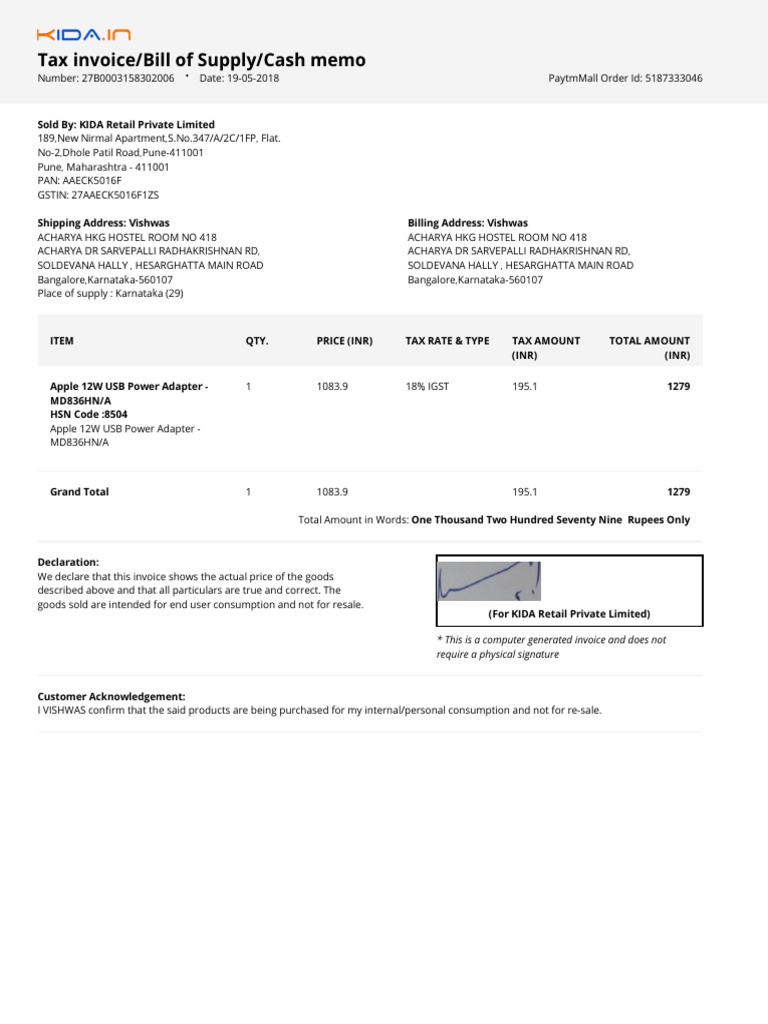 Apple 12W USB Power Adapter Tax Invoice | PDF