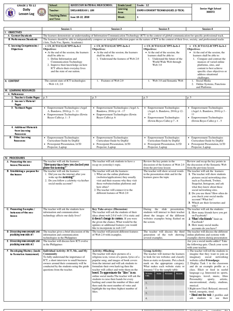 Grade 12 Empowerment Tech Lesson Plan | PDF | Educational Technology ...