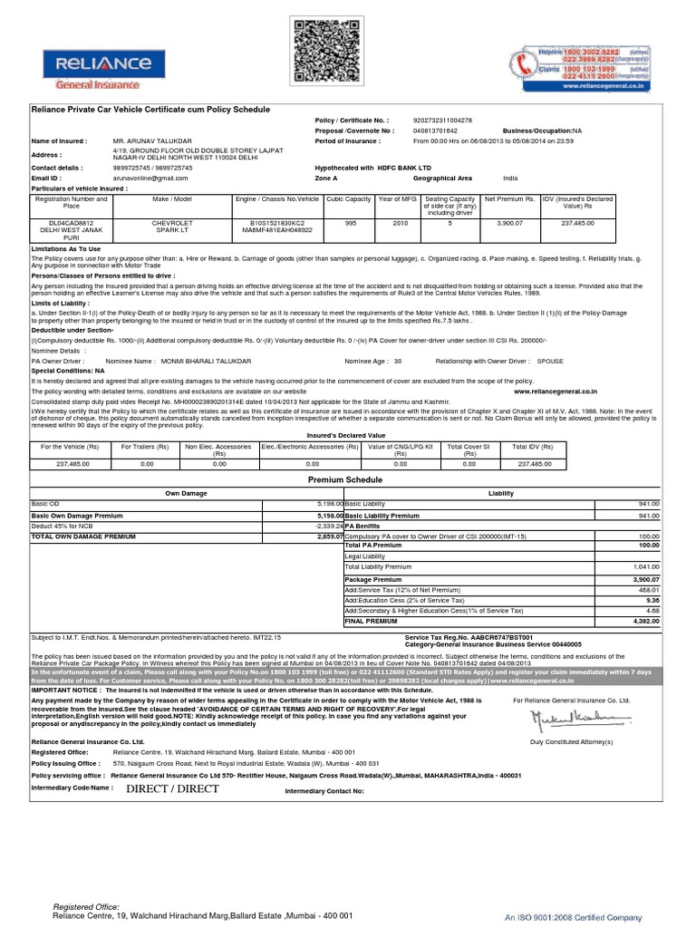 Vehicle Insurance Policy Format | PDF | Insurance Policy | Vehicle ...