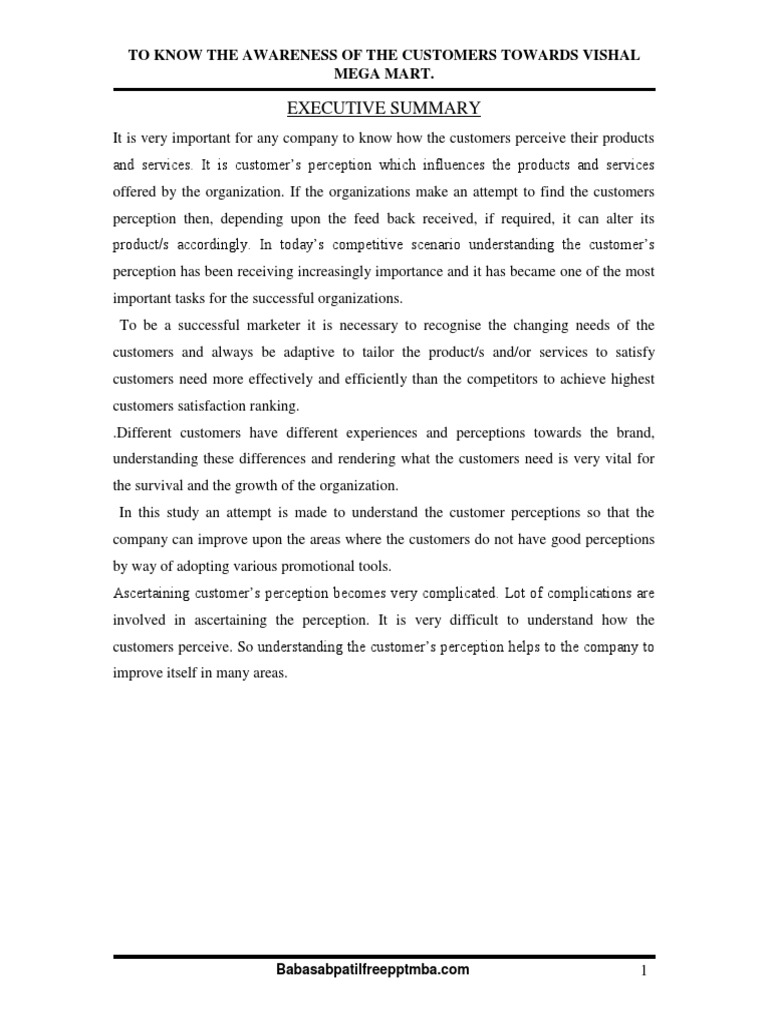 Executive Summary: To Know The Awareness of The Customers Towards ...