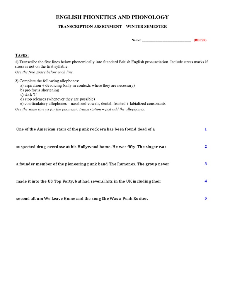 English Phonetics and Phonology: Transcription Assignment - Winter Semester | PDF