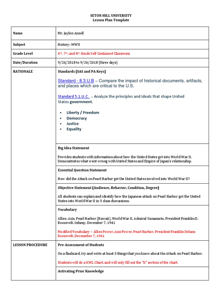 History Lesson Plan - 9 20 2018 | PDF | Attack On Pearl Harbor | World ...