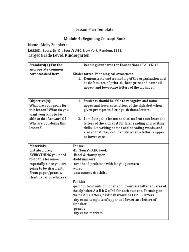 Lesson Plan Template Module 4: Beginning Concept Book Name: Molly ...