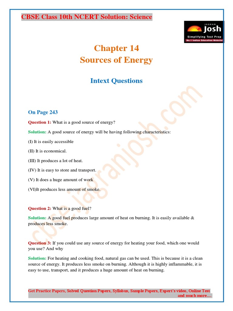 CBSE CBSE Class 10 NCERT Solution Science Sources of Energy | PDF ...