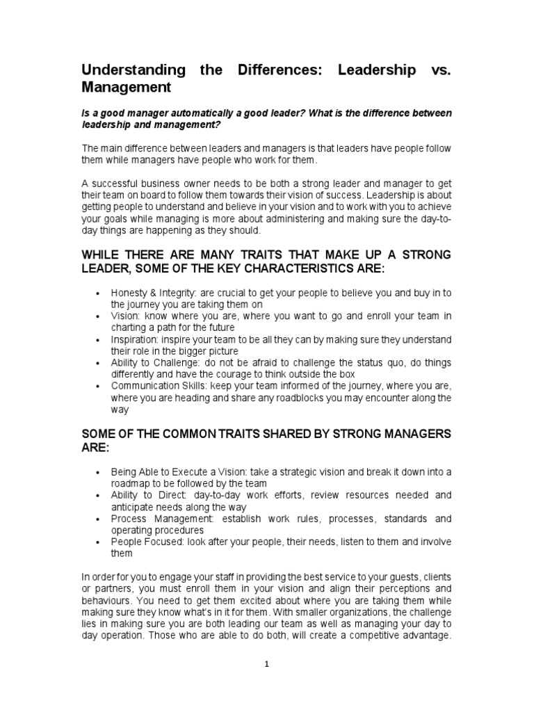 Understanding The Differences: Leadership vs. Management | PDF ...