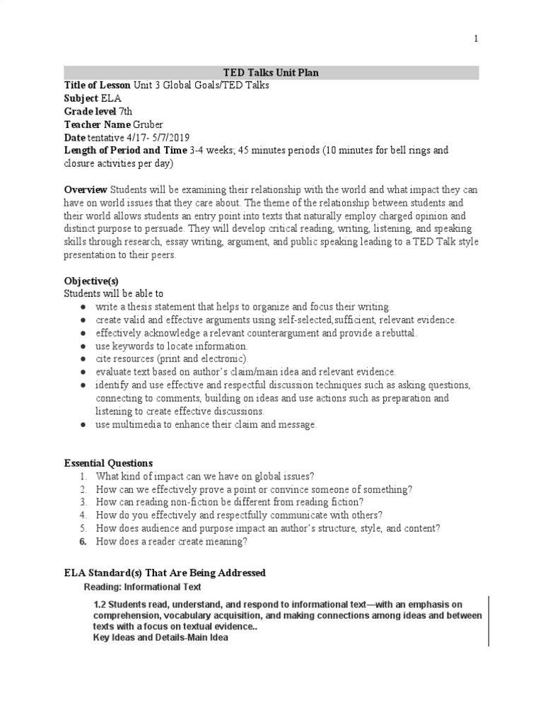 Ted Talks Unit Plan | Download Free PDF | Reading Comprehension | Argument