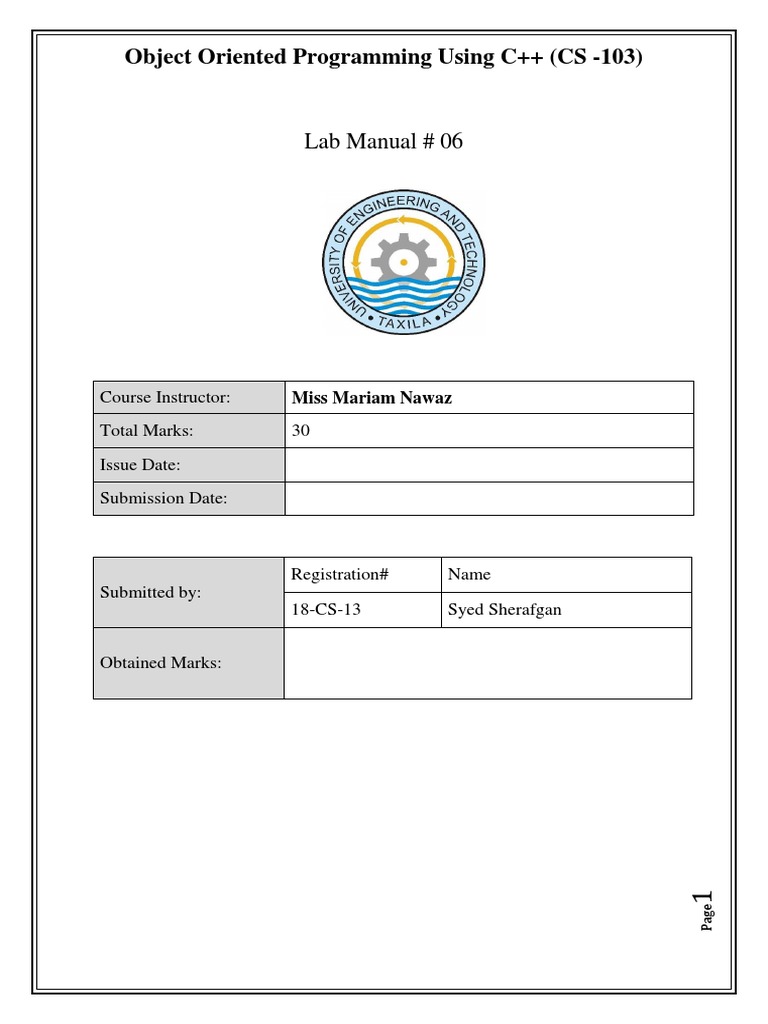Object Oriented Programming Using C++ (CS - 103) : Lab Manual # 06 | PDF | Class (Computer ...