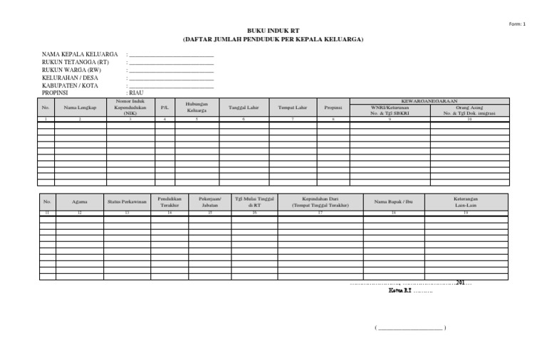 Buku Induk RT Daftar Jumlah Penduduk Per | PDF