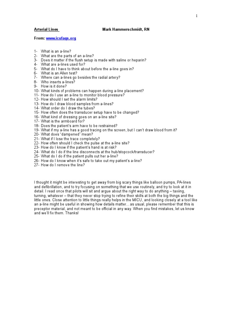 Arterial Lines Mark Hammerschmidt, RN From | PDF | Pulse | Catheter