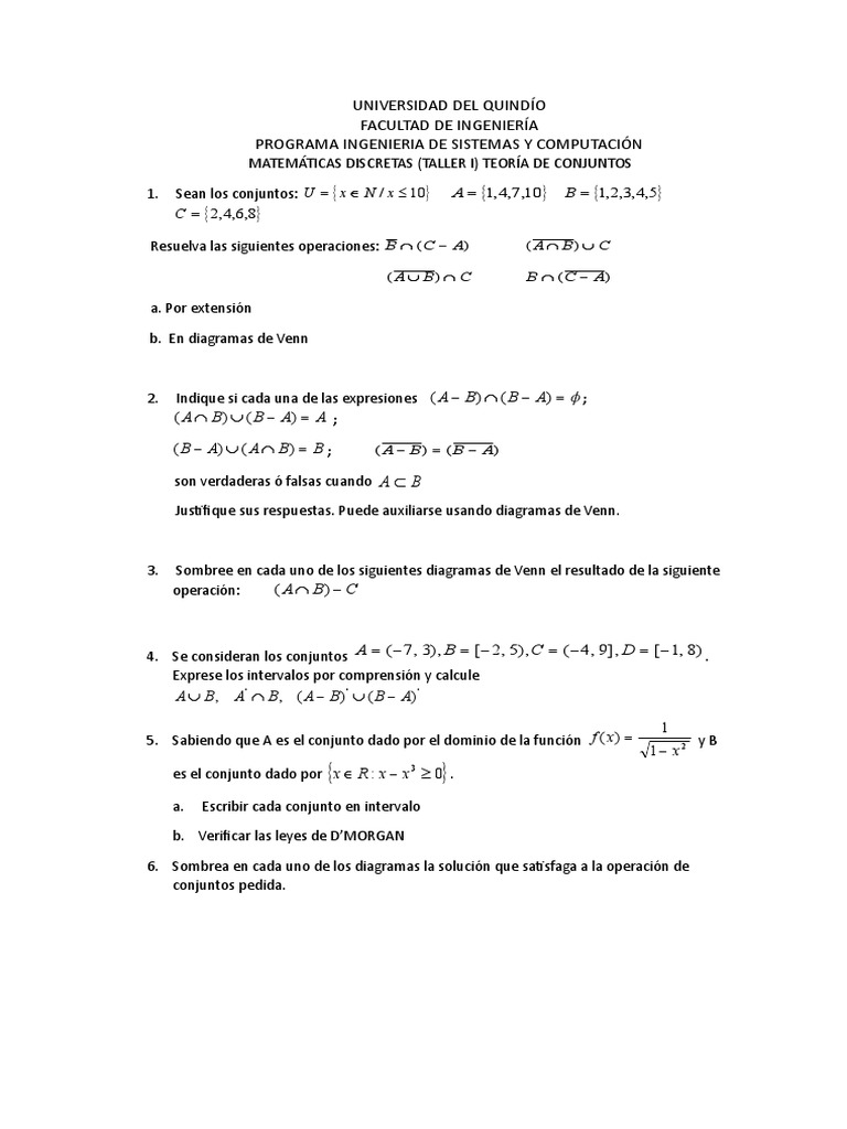 Matemáticas Discretas Taller de Conjuntos I | PDF | Conceptos matemáticos | Enseñanza de matemática