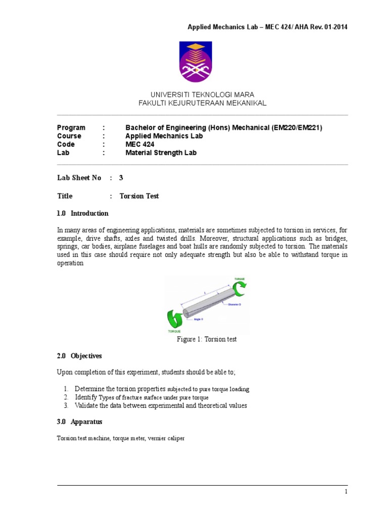 Lab Sheet 3 - Torsion Test-Student (Open Ended) | PDF