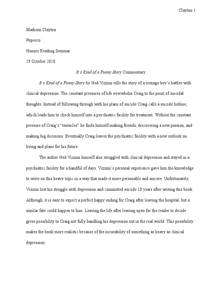Its Kind of A Funny Story Essay | PDF
