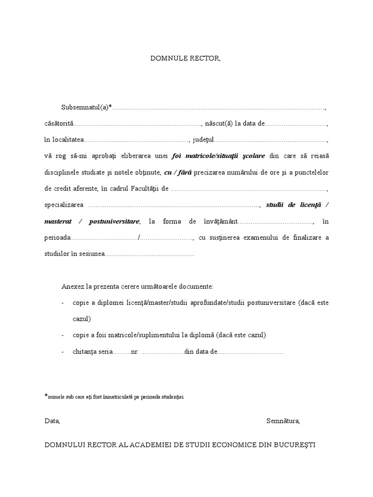 Model Cerere Adeverinta Pentru Foaie Matricola Sau Situatie Scolara | PDF