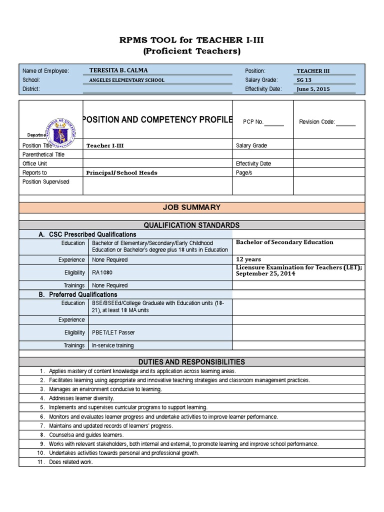 Position and Competency Profile: Rpms Tool For Teacher I-Iii ...