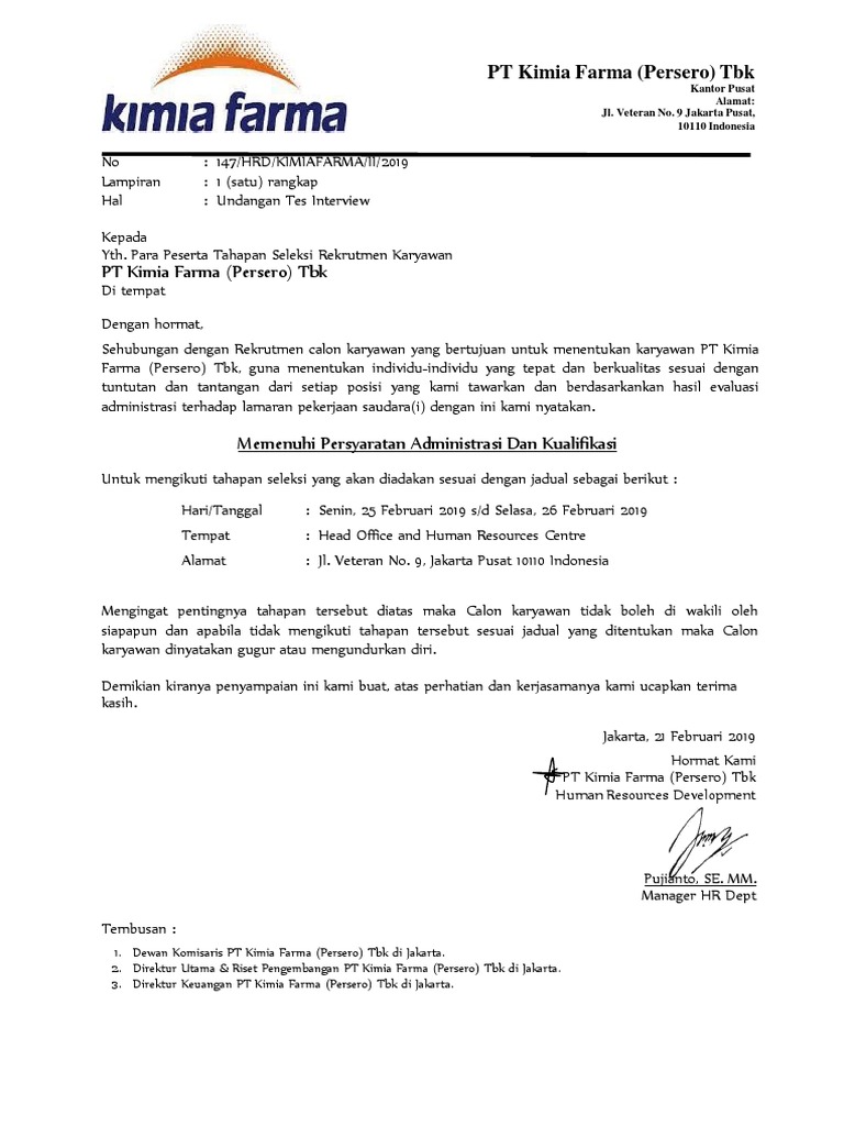 Surat Undangan Tes Seleksi Rekrutmen Pt Kimia Farma Persero Tbk Pdf Pdf