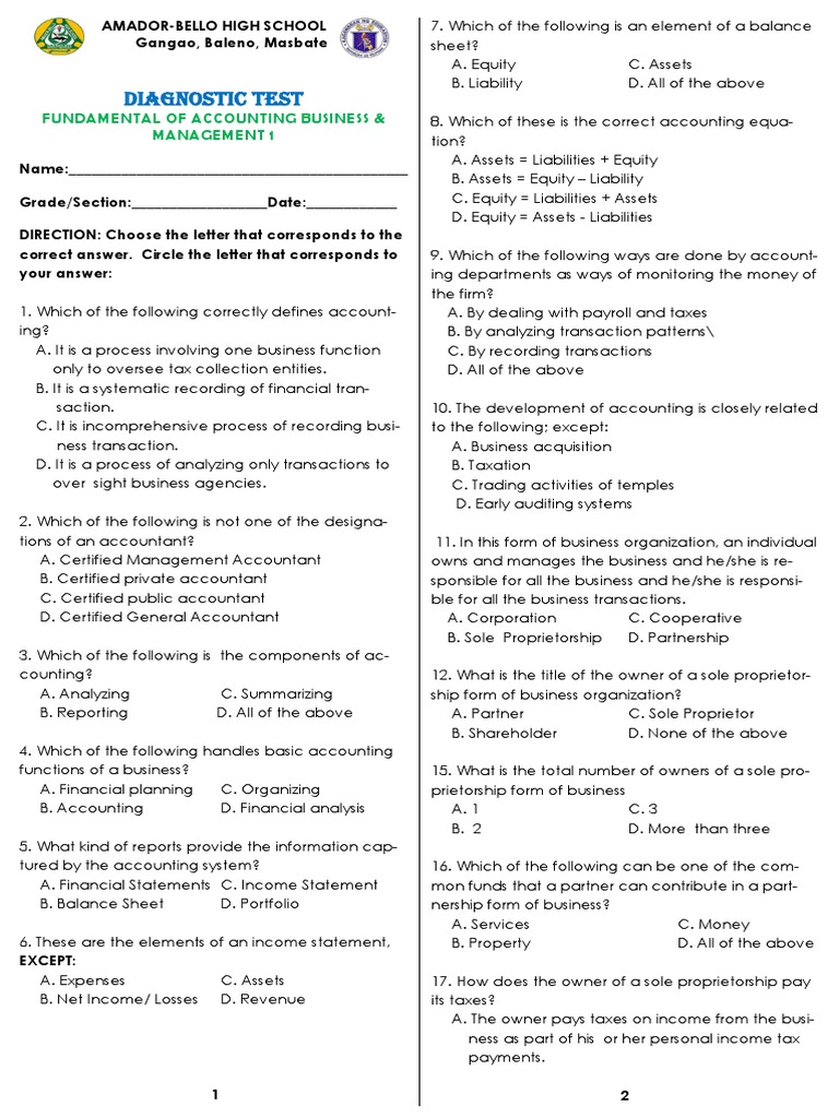 Diagnostic Test: Fundamental of Accounting Business & Management 1 ...