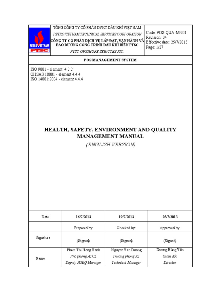 2.0 Samplef of Hseq Manual | PDF | Risk Management | Risk Assessment