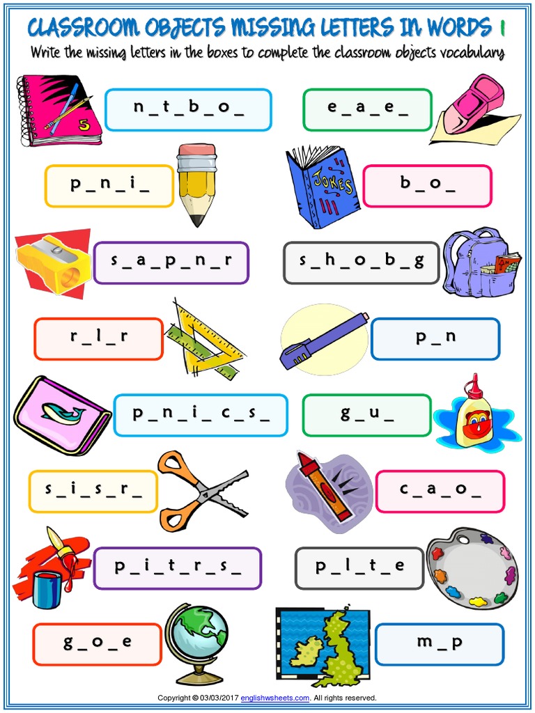 Classroom Objects Complete The Word PDF | PDF | Stationery | Tools