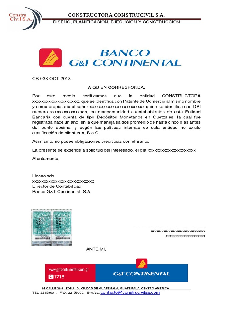 Ejemplo Ficticio Carta De Certificacion Bancaria Pdf