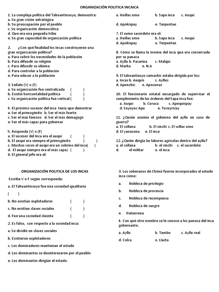 Practica Sobre Los Incas | PDF | Imperio Inca | Pueblos Indígenas de ...