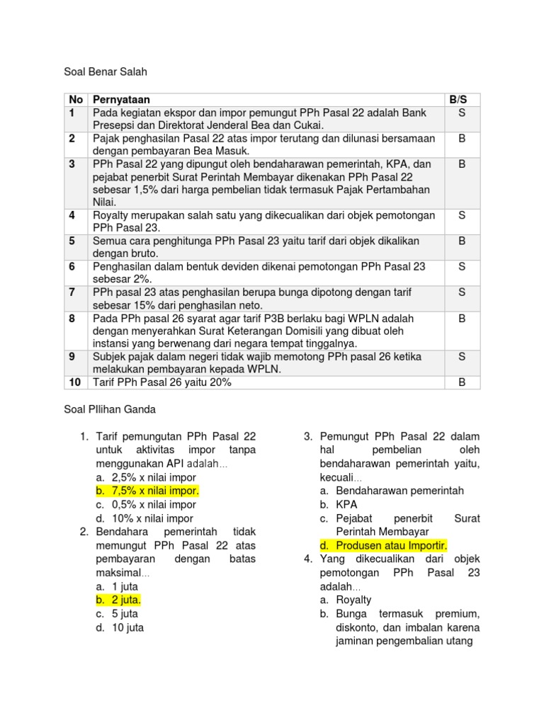 Contoh Soal Benar Salah Dan Pilgan PPH P | PDF | Bisnis | Pengelolaan Keuangan & Uang