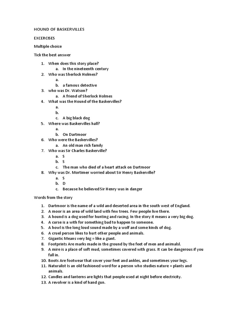 Hound of the Baskervilles Exercises | PDF