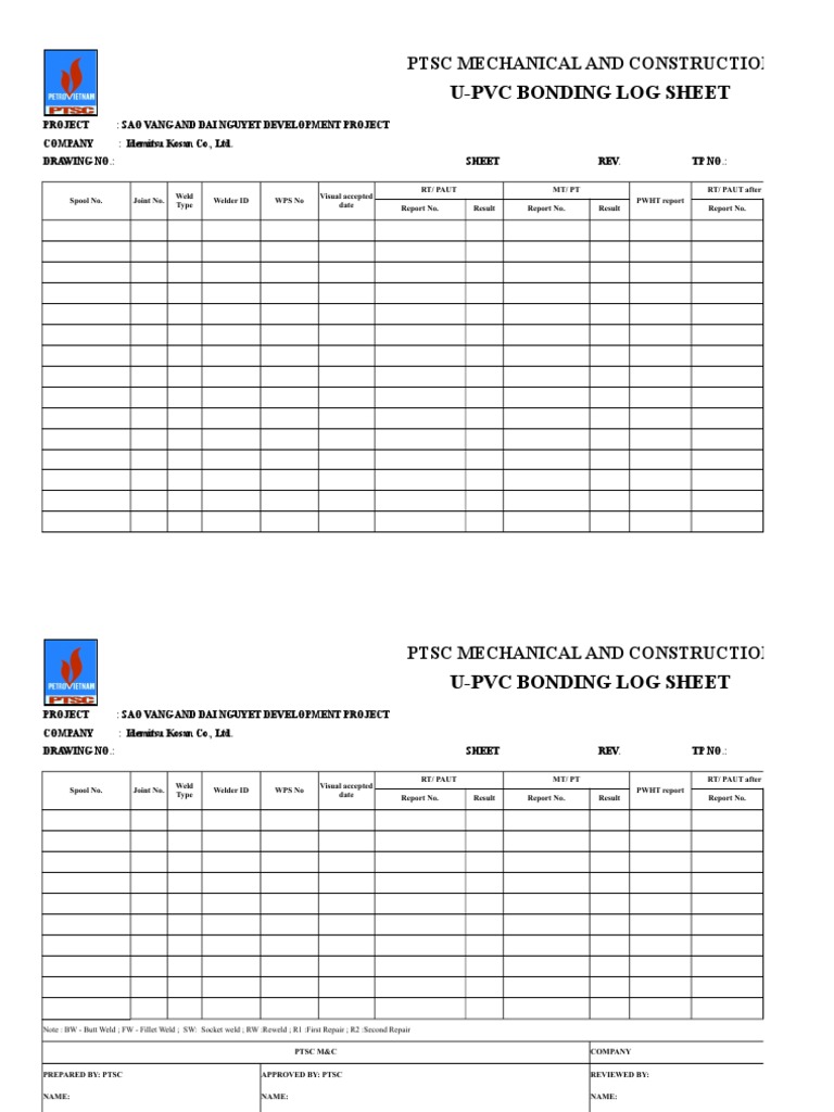 Upvc Bonding Log Sheet | PDF | Welding | Construction