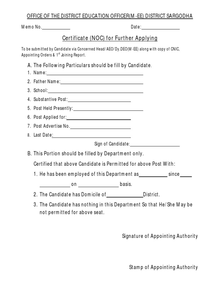 Certificate (NOC) For Further Applying: Office of The District ...