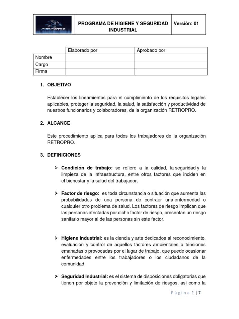 Programa De Higiene Y Seguridad Industrial Pdf Seguridad