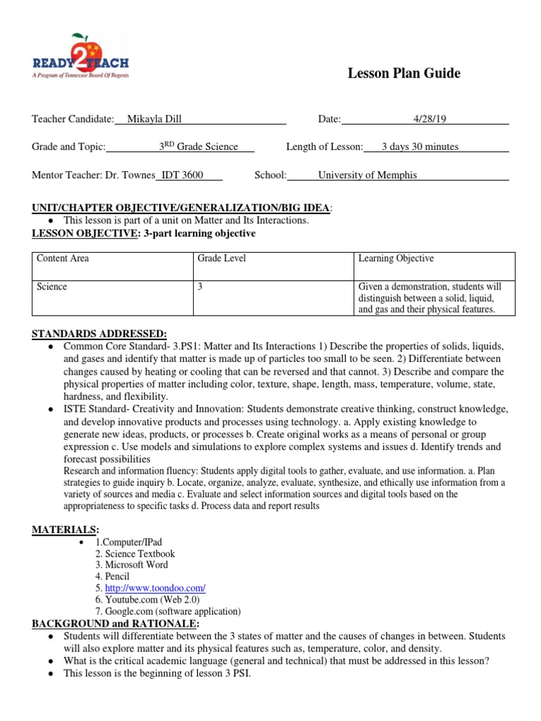 Lesson Plan Guide: Unit/Chapter Objective/Generalization/Big Idea ...