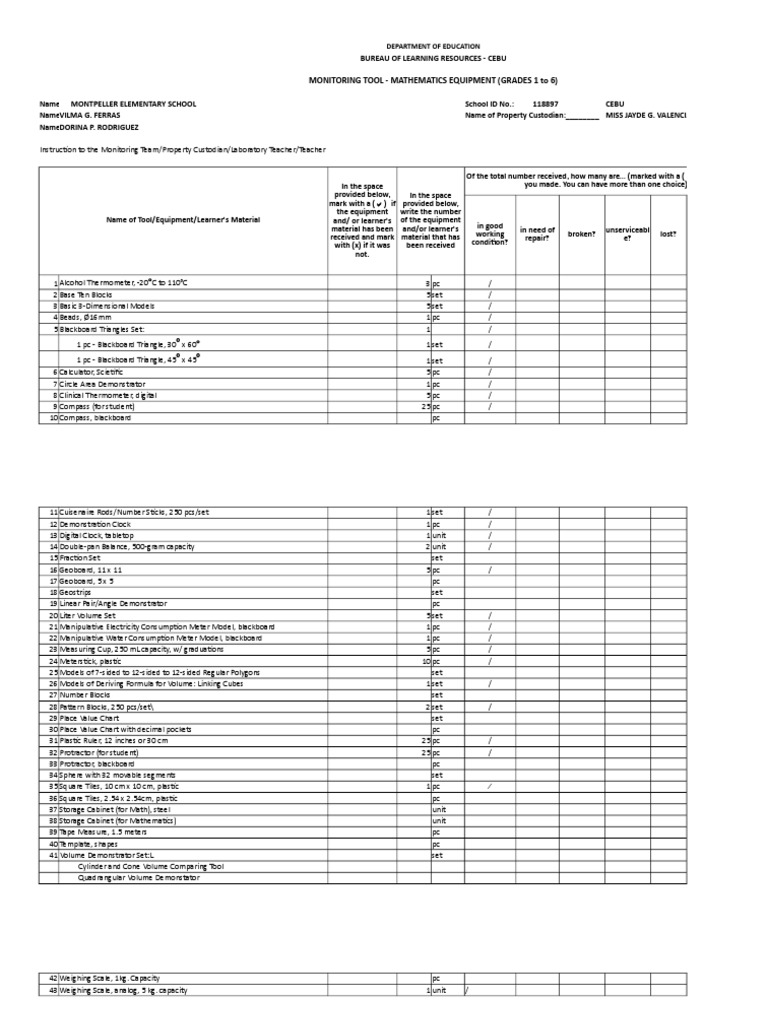 Monitoring Tool Mathematics Equipment Grades 1 To 6 | PDF | Volume ...