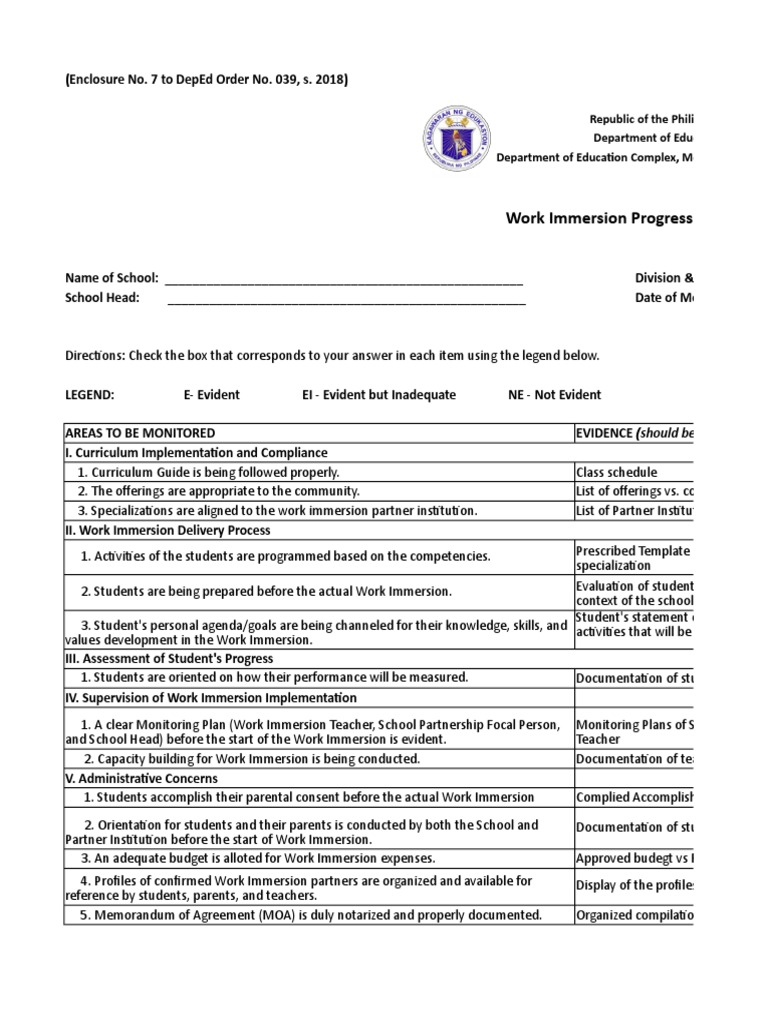 Work Immersion Progress Monitoring Tool | PDF | Teachers | Curriculum