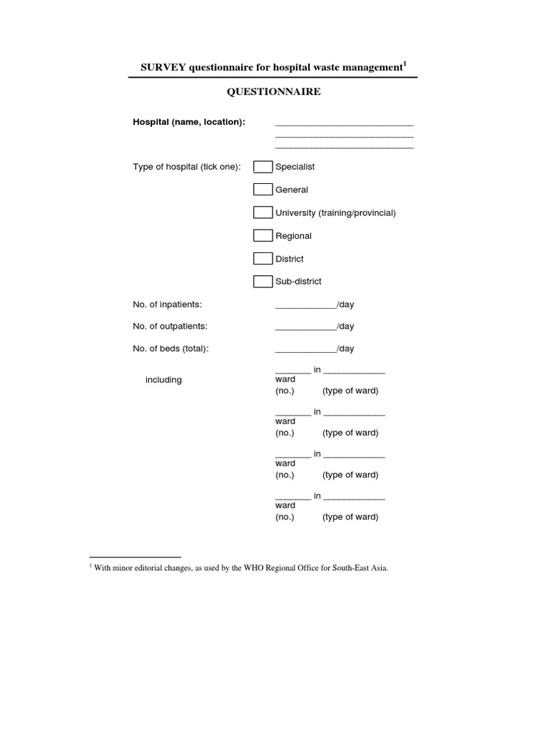 SURVEY questionnaire for hospital waste management Questionnaire ...