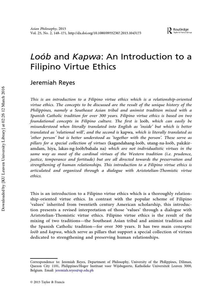 Loób and Kapwa: An Introduction to a Filipino Virtue Ethics: Jeremiah ...