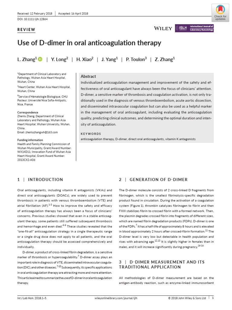 Uso Del Dímero D en La Terapia de Anticoagulación Oral. | PDF ...