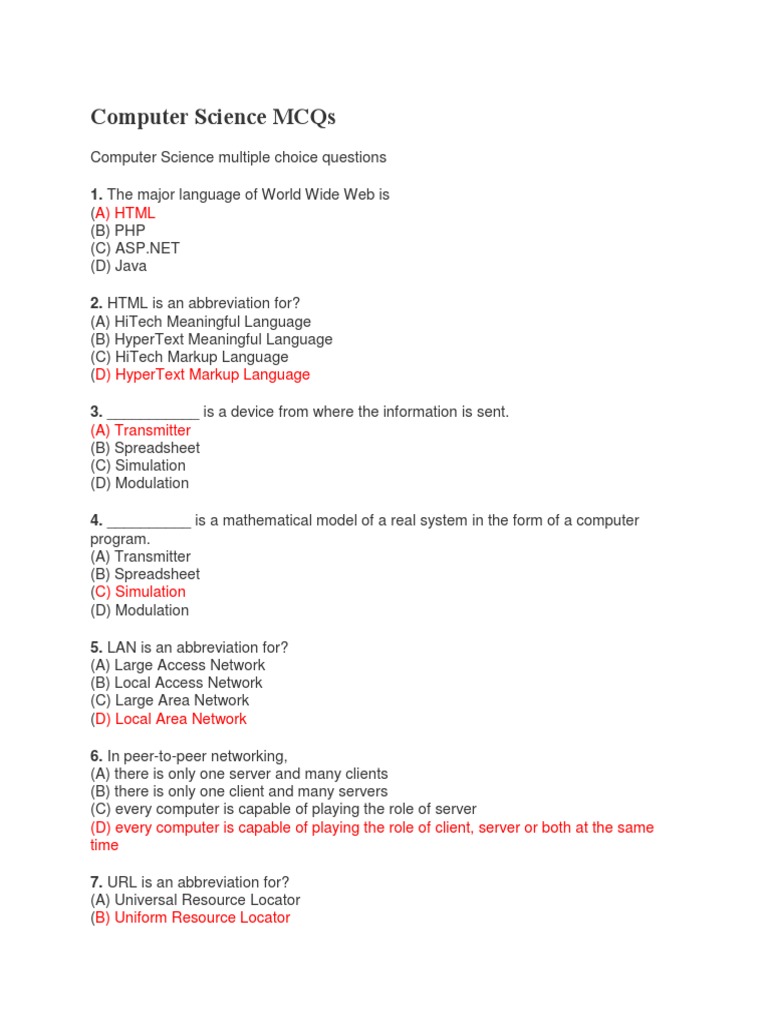 Computer Science MCQs | PDF | Random Access Memory | Computer Network