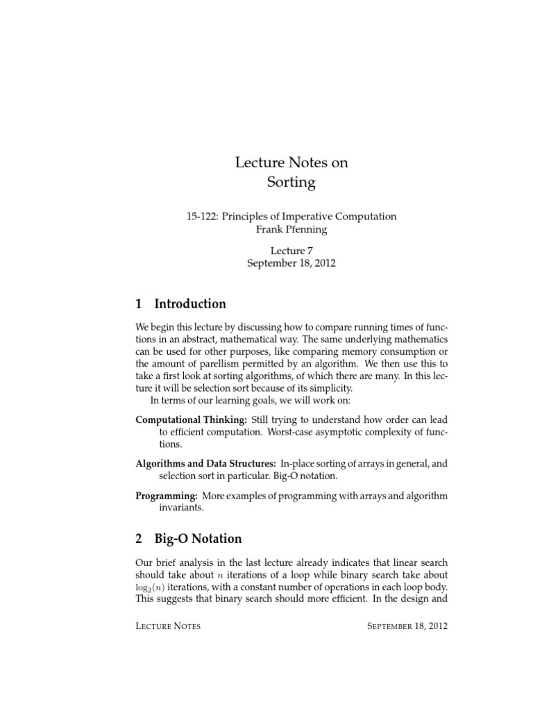 Lecture Notes On Sorting: 15-122: Principles of Imperative Computation ...