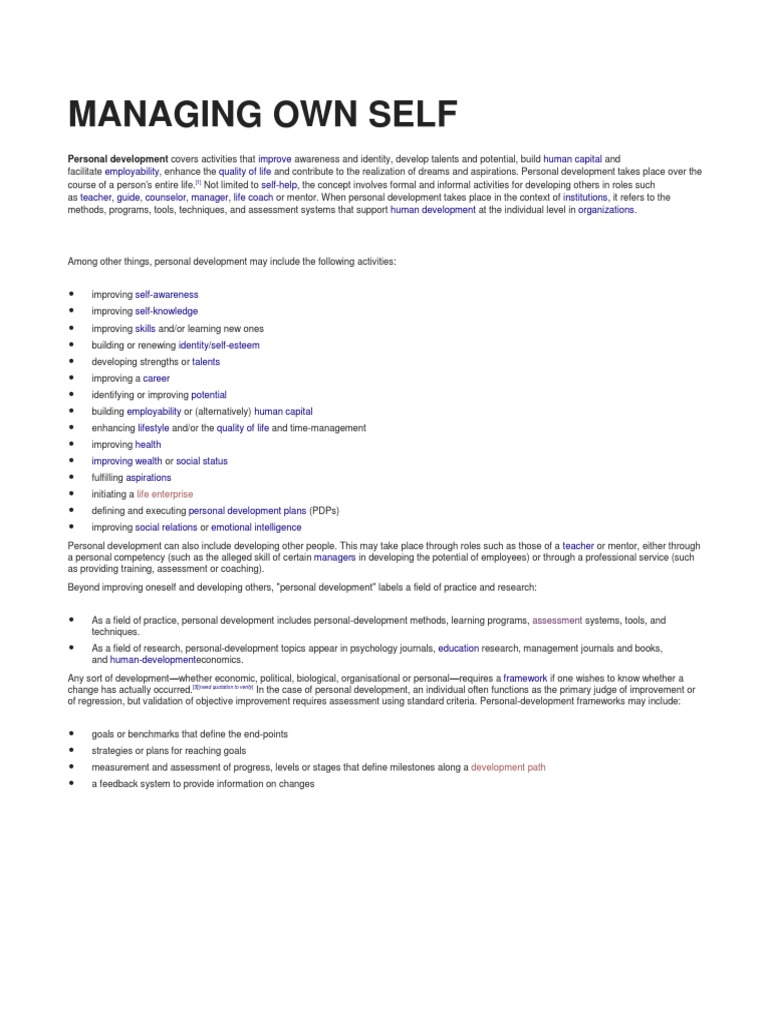 Managing Own Self: Personal Development Covers Activities That | PDF ...