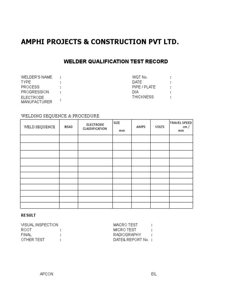 Welder Qualification Test Record for Amphi Projects & Construction Pvt ...