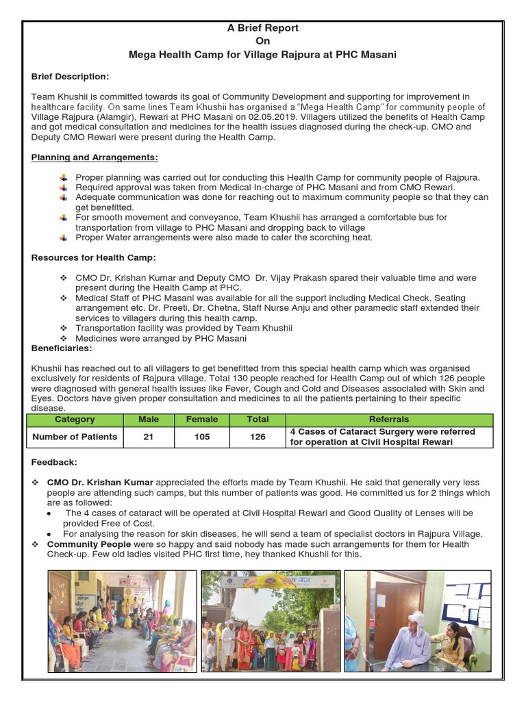 Report On Mega Health Camp at PHC Masani - 02.05.2019 | PDF | Patient ...